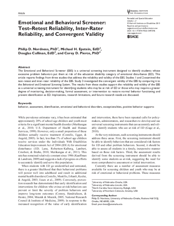 (PDF) Emotional and Behavioral Screener: Test-Retest Reliability, Inter ...