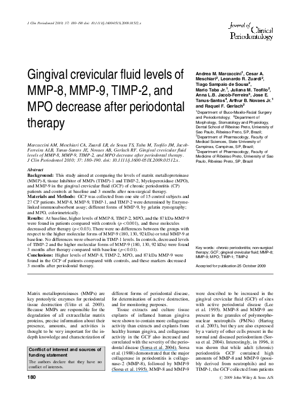 (PDF) Gingival crevicular fluid levels of MMP-8, MMP-9, TIMP-2, and MPO ...