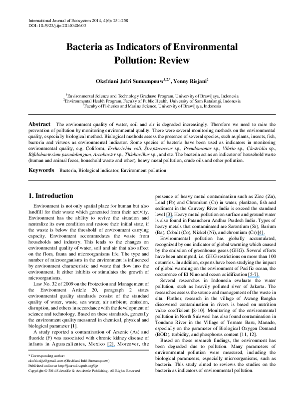 (PDF) Bacteria as Indicators of Environmental Pollution: Review