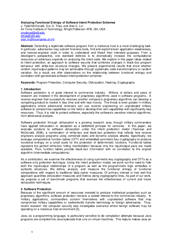 Pdf Analyzing Functional Entropy Of Software Intent Protection Schemes