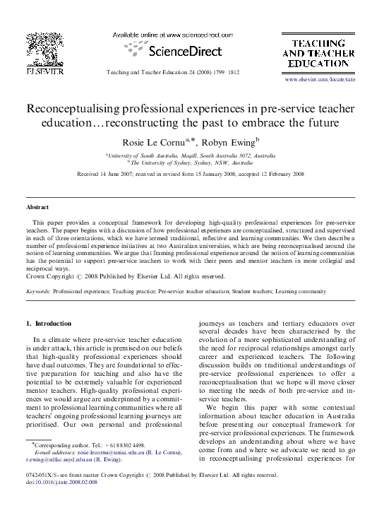 (PDF) Reconceptualising professional experiences in pre-service teacher ...