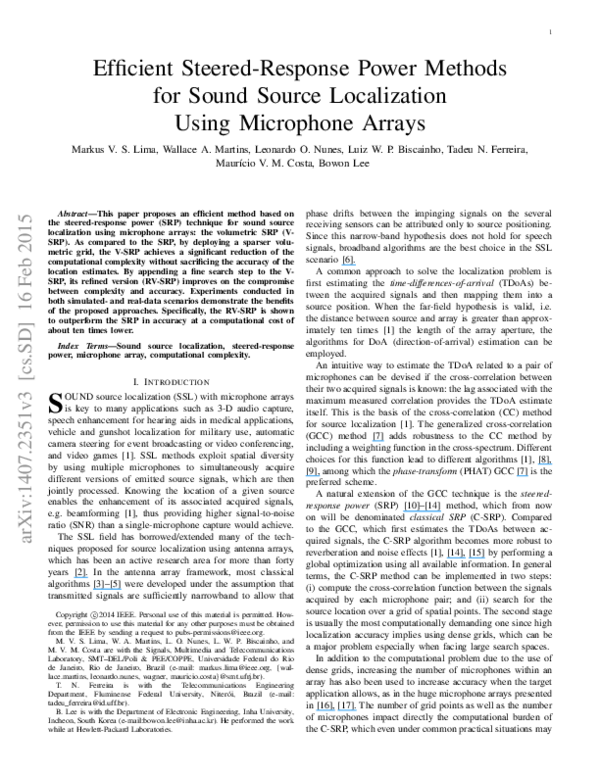(PDF) Efficient Steered-Response Power Methods for Sound Source Localization Using Microphone Arrays