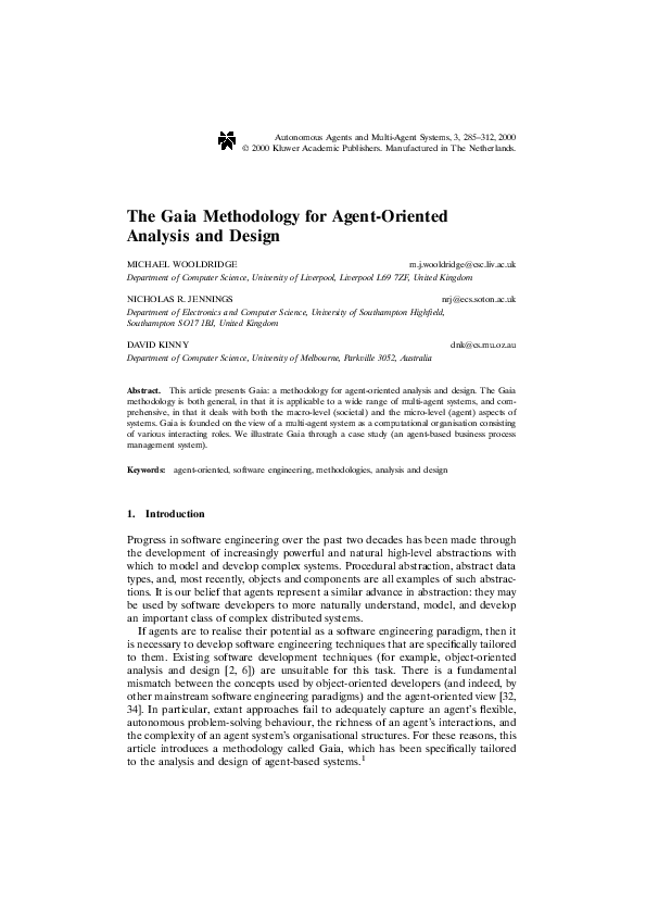 (PDF) The Gaia Methodology for Agent-Oriented Analysis and Design