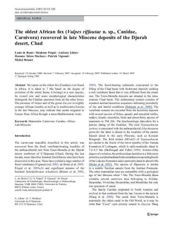 (PDF) The oldest African fox (Vulpes riffautae n. sp., Canidae ...