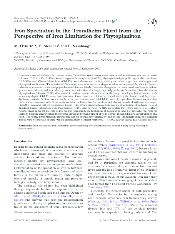 (PDF) Iron Speciation in the Trondheim Fjord from the Perspective of ...