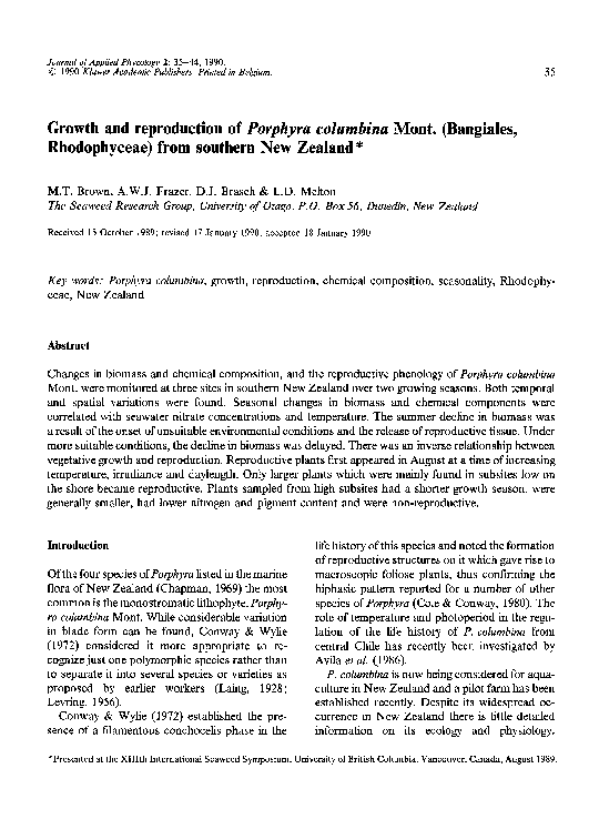 (PDF) Growth and reproduction ofPorphyra columbina Mont. (Bangiales ...