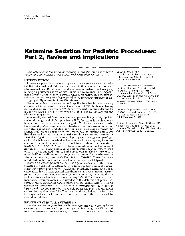 (PDF) Ketamine Sedation for Pediatric Procedures: Part 2, Review and ...