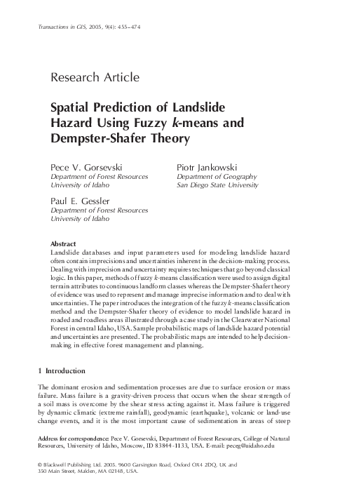 (PDF) Spatial Prediction of Landslide Hazard Using Fuzzy k-means and Dempster-Shafer Theory