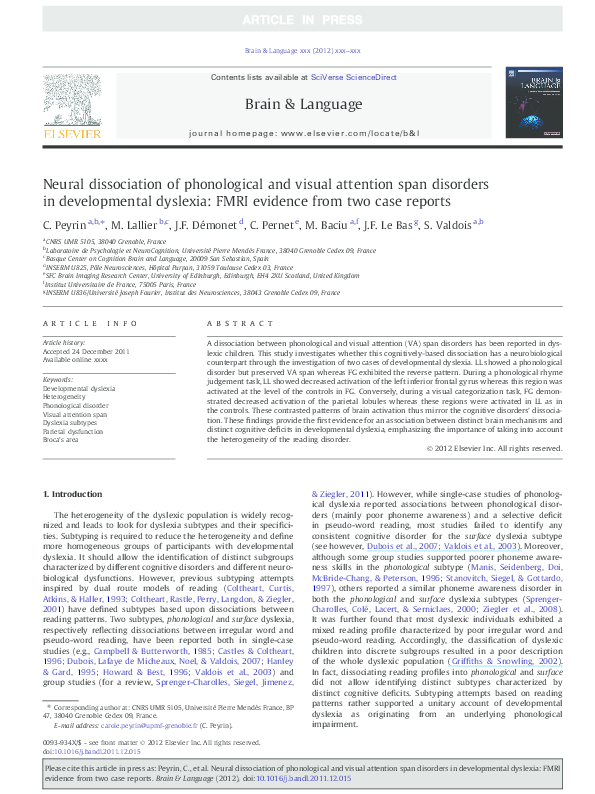 (PDF) Neural dissociation of phonological and visual attention span disorders in developmental ...