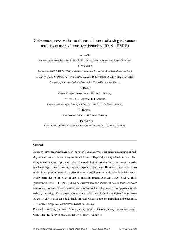 Pdf Coherence Preservation And Beam Flatness Of A Single Bounce Multilayer Monochromator