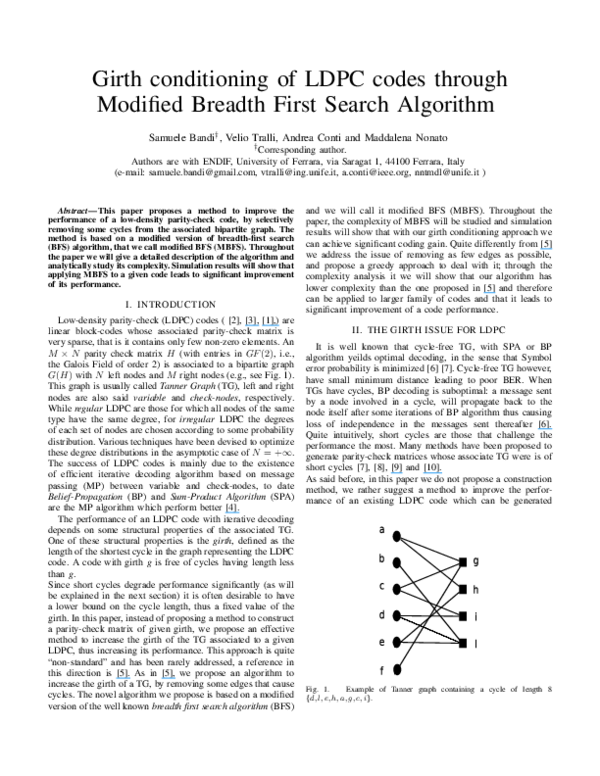 Pdf Girth Conditioning Of Ldpc Codes Through Modified Breadth First Search Algorithm