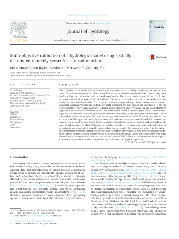 Pdf Multi Objective Calibration Of A Hydrologic Model Using Spatially Distributed Remotely