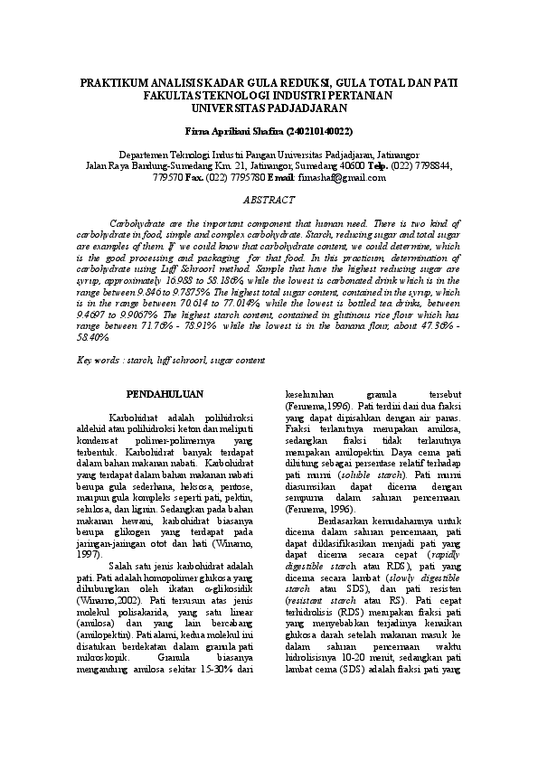 (DOC) PENETAPAN KADAR GULA REDUKSI, GULA TOTAL DAN PATI