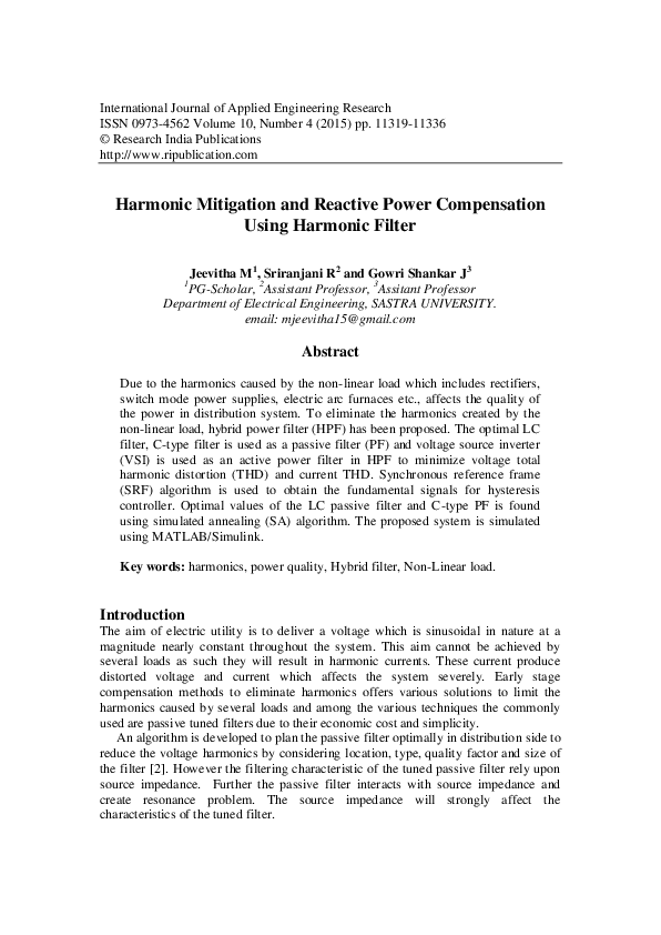 (PDF) Harmonic Mitigation and Reactive Power Compensation Using Harmonic Filter