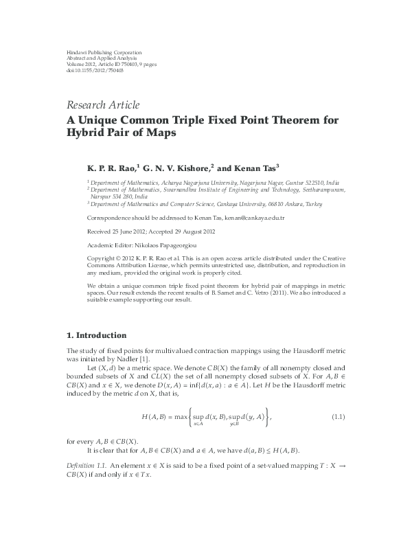 (PDF) A Unique Common Triple Fixed Point Theorem for Hybrid Pair of Maps