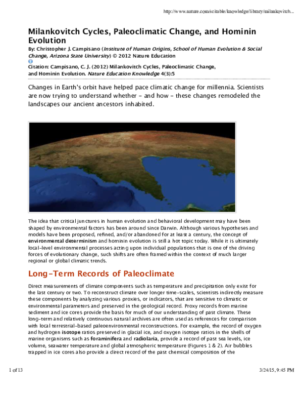 (PDF) Milankovitch Cycles, Paleoclimatic Change, and Hominin Evolution