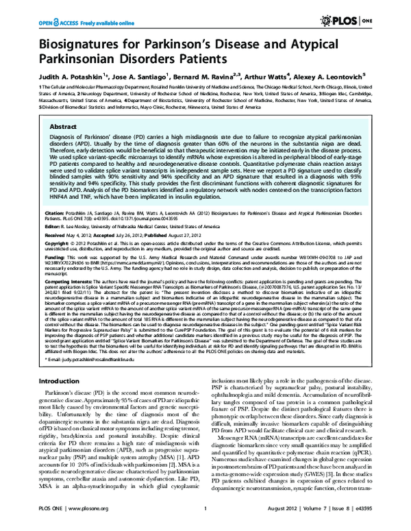 (PDF) Biosignatures for Parkinson’s Disease and Atypical Parkinsonian Disorders Patients
