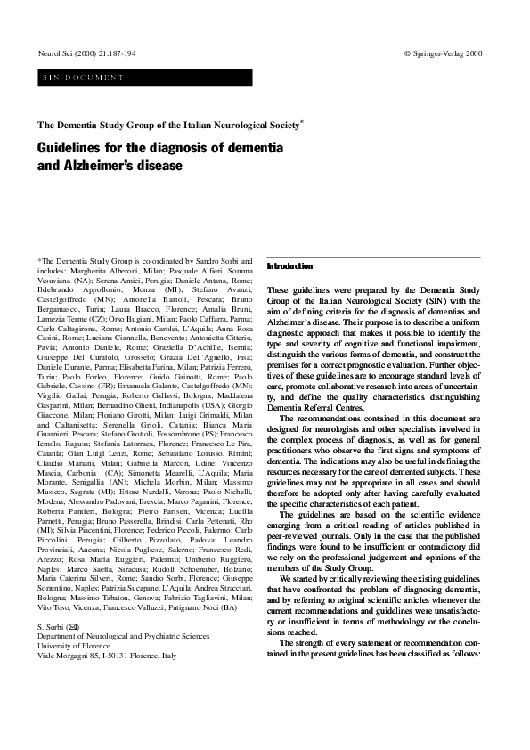 (PDF) The Dementia Study Group of the Italian Neurological Society ...