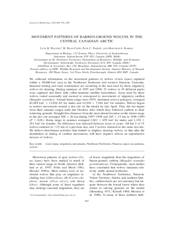 (PDF) Movement Patterns of Barren-Ground Wolves in the Central Canadian ...