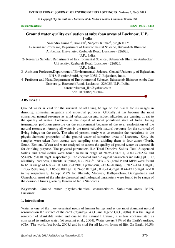 (PDF) Ground water quality evaluation at suburban areas of Lucknow, U.P ...