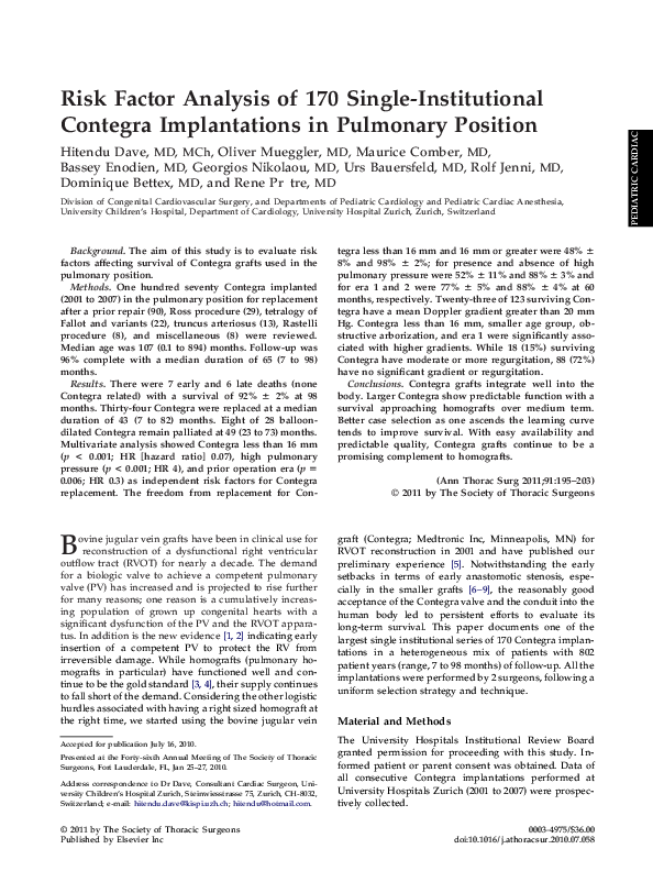 (PDF) Risk Factor Analysis of 170 Single-Institutional Contegra ...