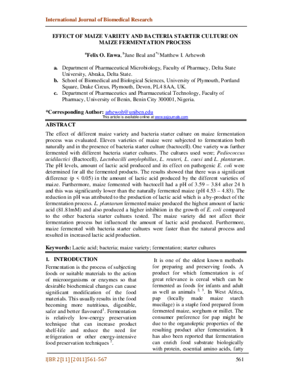 (PDF) EFFECT OF MAIZE VARIETY AND BACTERIA STARTER CULTURE ON MAIZE ...