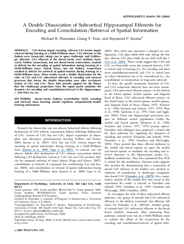 (PDF) A double dissociation of subcortical hippocampal efferents for encoding and consolidation ...