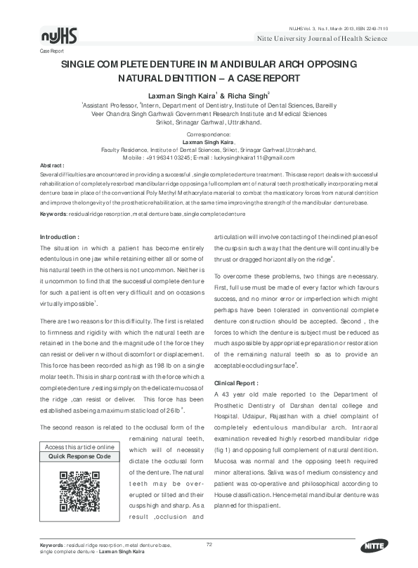 (PDF) SINGLE COMPLETE DENTURE IN MANDIBULAR ARCH OPPOSING NATURAL ...