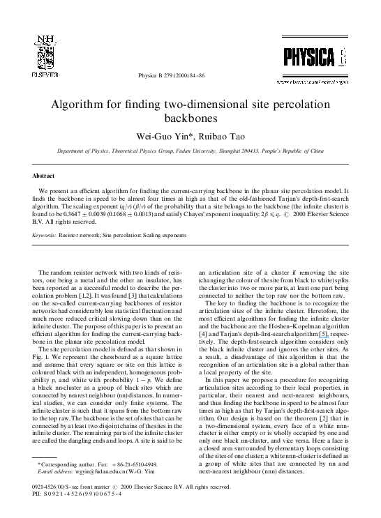 (PDF) Algorithm for finding two-dimensional site percolation backbones