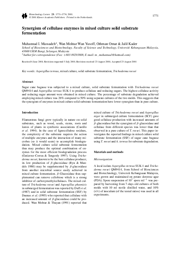 (PDF) Synergism of cellulase enzymes in mixed culture solid substrate fermentation