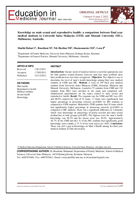 (PDF) Knowledge on male sexual and reproductive health: A comparison between final year medical ...