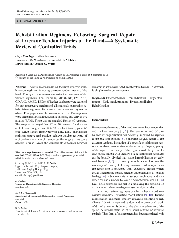(PDF) Rehabilitation Regimens Following Surgical Repair of Extensor ...