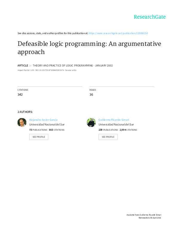 Pdf Defeasible Logic Programming An Argumentative Approach Alejandro David Garcia