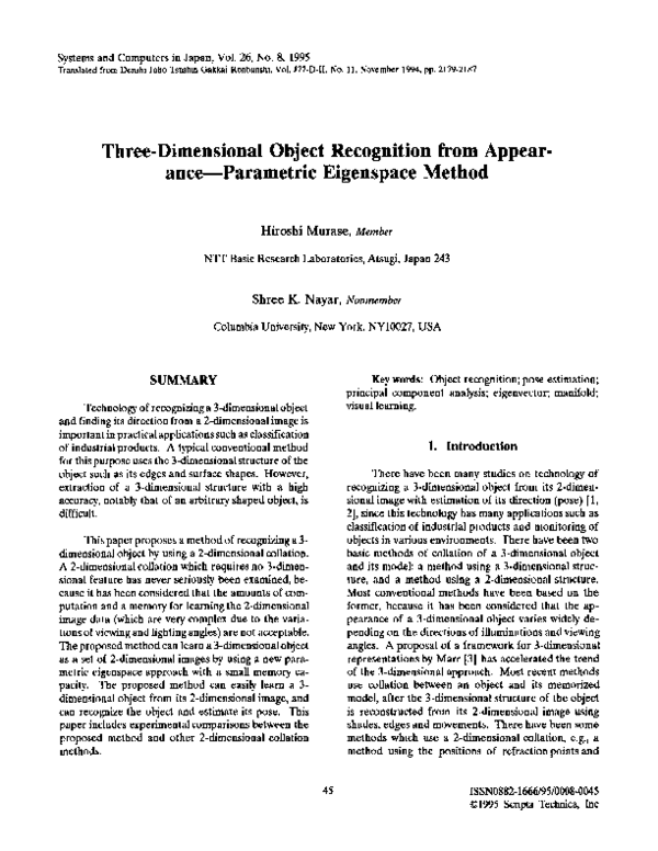Pdf Three Dimensional Object Recognition From Appearanceâ Parametric
