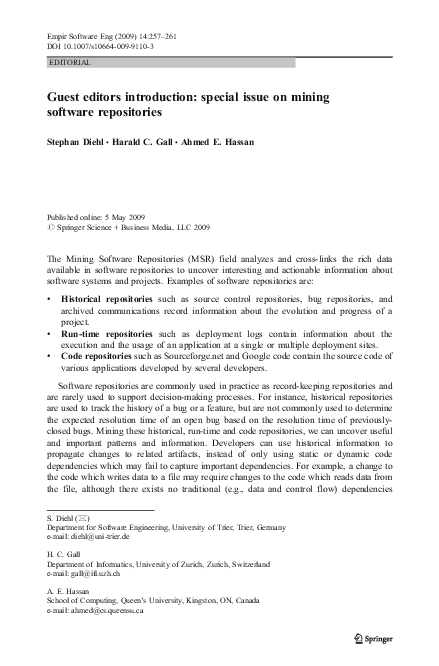 Pdf Guest Editors Introduction Special Issue On Mining Software