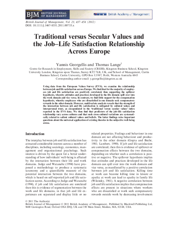 (PDF) Traditional versus Secular Values and the Job-Life Satisfaction ...