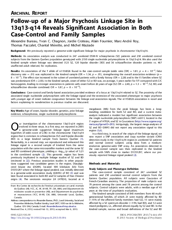 (PDF) Follow-up of a Major Psychosis Linkage Site in 13q13-q14 Reveals ...