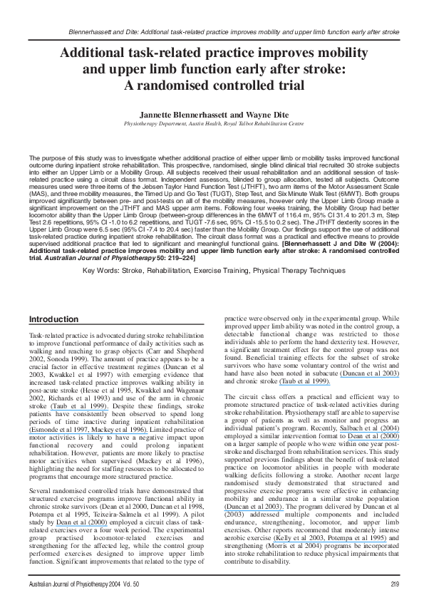 (PDF) Additional task-related practice improves mobility and upper limb function early after ...