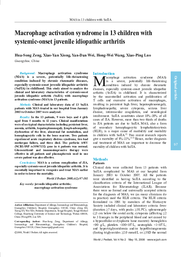 (PDF) Macrophage activation syndrome in 13 children with systemic-onset ...