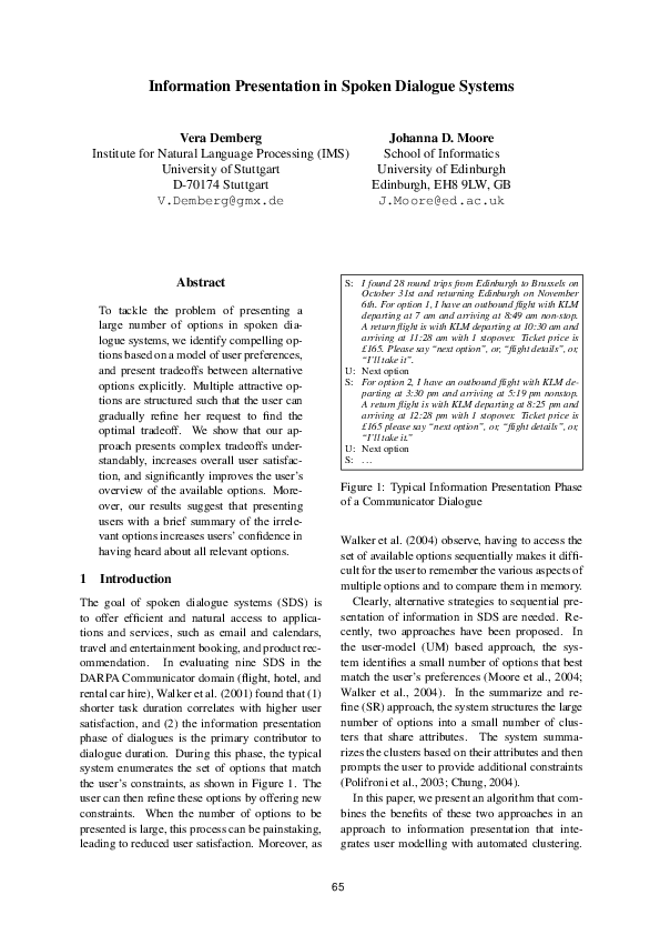 (PDF) Information presentation in spoken dialogue systems