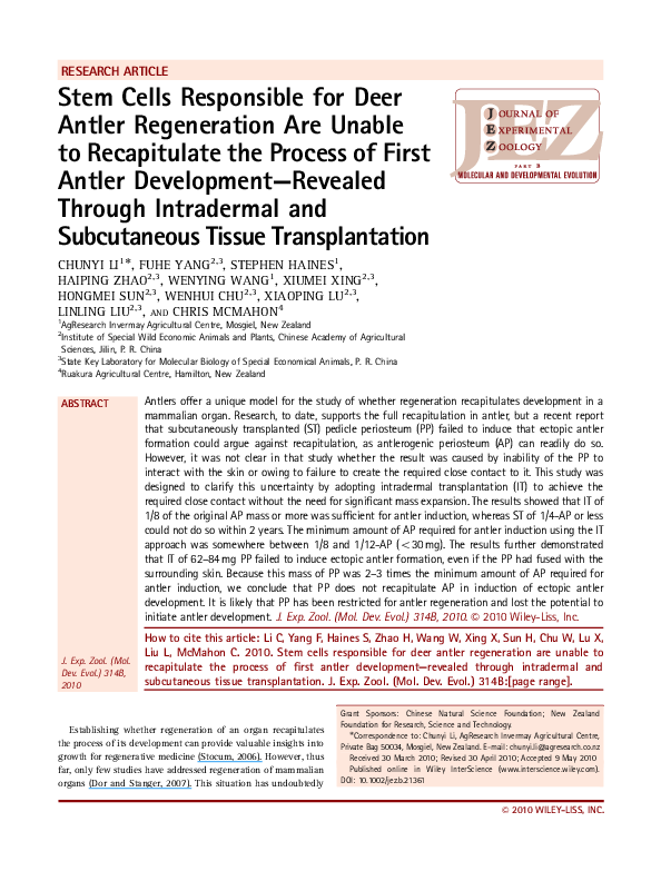 (PDF) Stem cells responsible for deer antler regeneration are unable to ...