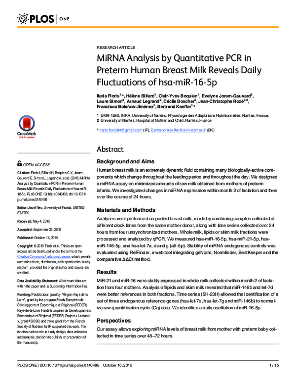 (PDF) MiRNA Analysis by Quantitative PCR in Preterm Human Breast Milk ...