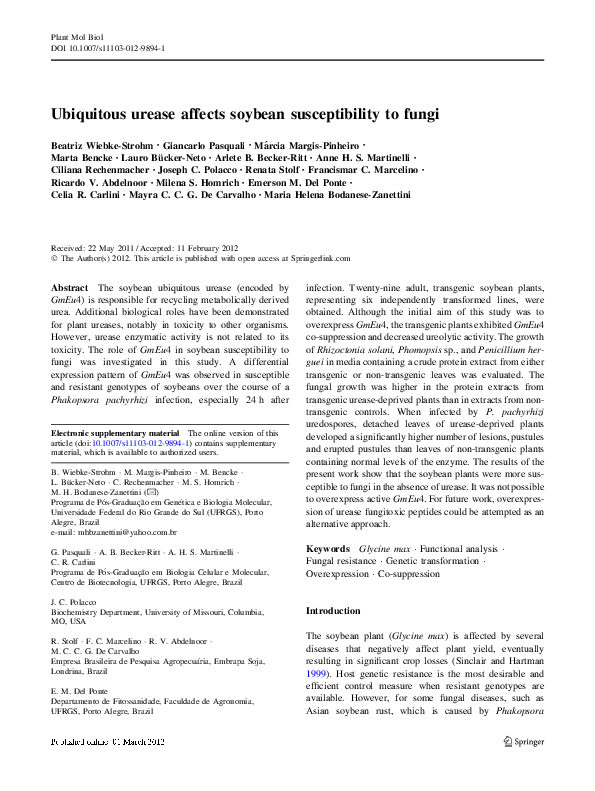 (PDF) Ubiquitous urease affects soybean susceptibility to fungi