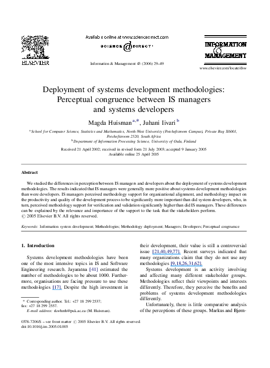 (PDF) Deployment of systems development methodologies: Perceptual congruence between IS managers ...