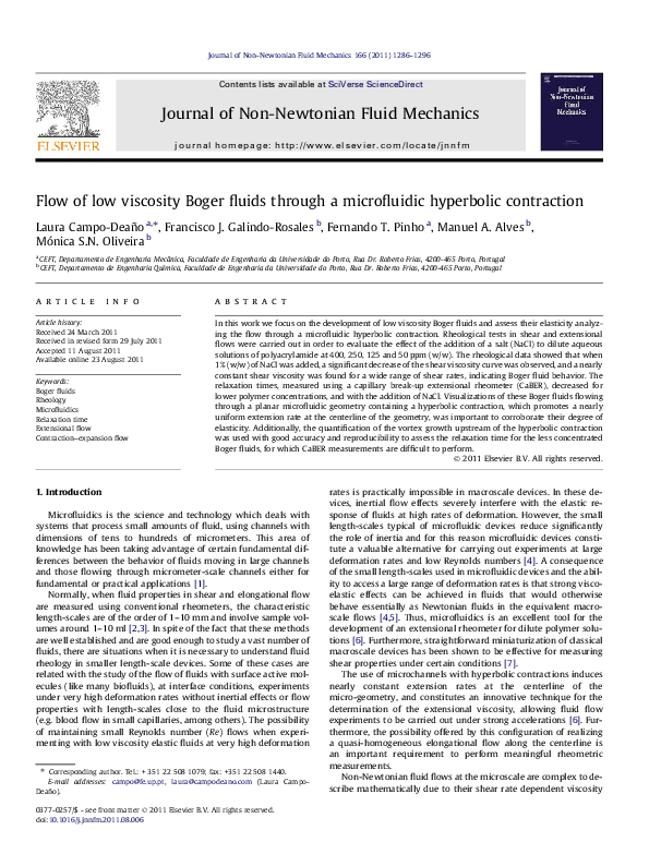 (PDF) Flow of low viscosity Boger fluids through a microfluidic hyperbolic contraction