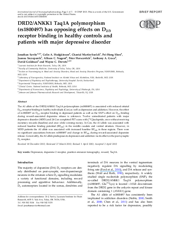 (PDF) DRD2/ANKK1 Taq1A polymorphism (rs1800497) has opposing effects on ...