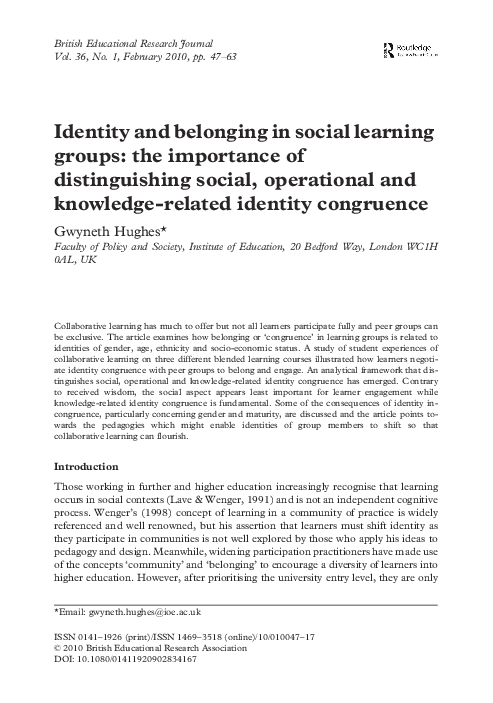 (PDF) Identity and belonging in social learning groups: the importance ...