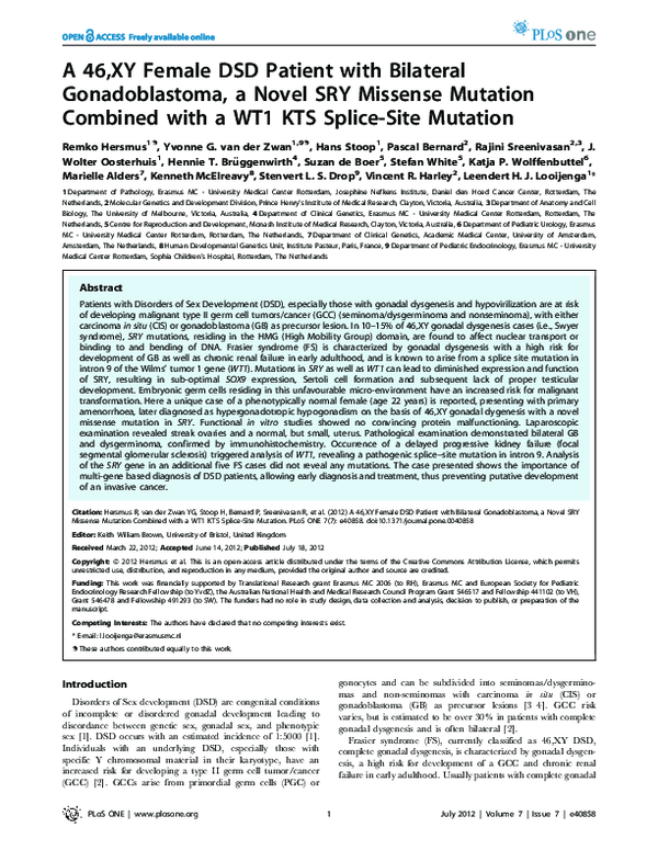 (PDF) A 46,XY Female DSD Patient with Bilateral Gonadoblastoma, a Novel ...