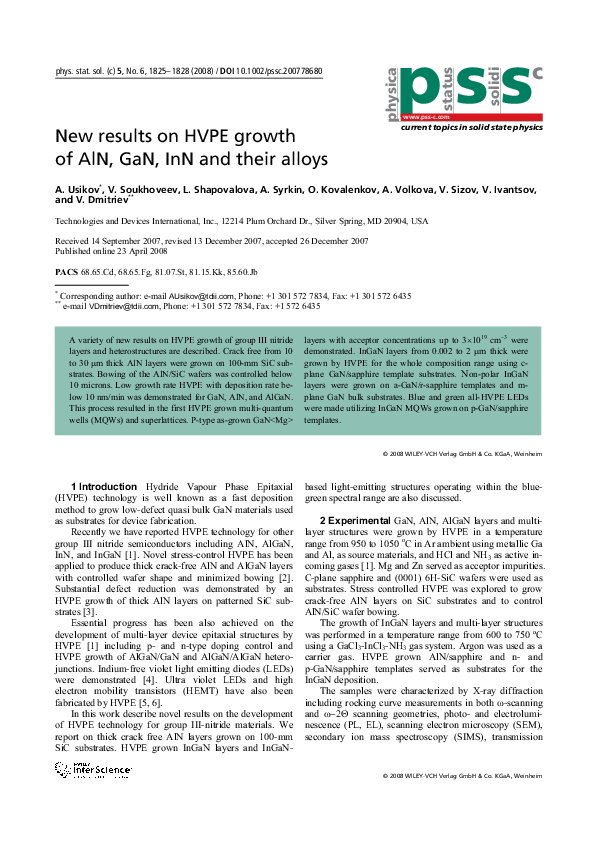 (PDF) New results on HVPE growth of AlN, GaN, InN and their alloys