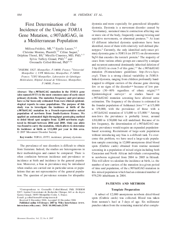 (PDF) First determination of the incidence of the uniqueTOR1A gene ...